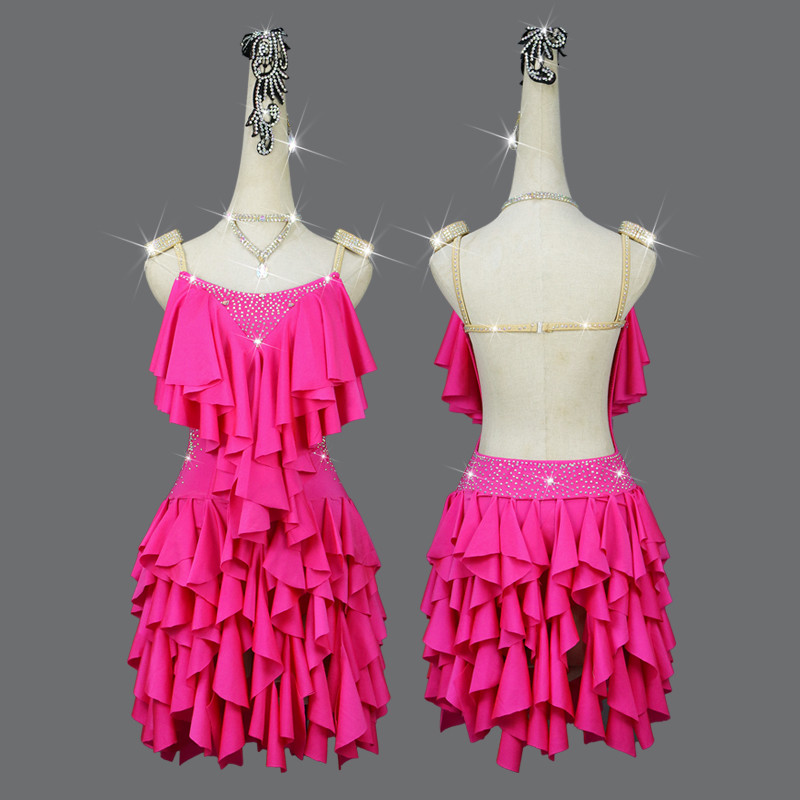 Fuchsia hot pink ruffles flowy fringe latin dance dresses for women ...